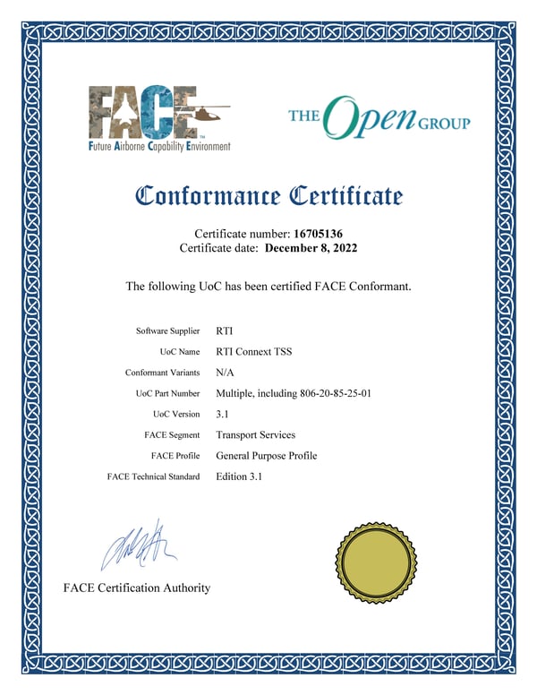 RTI Connext TSS: Certified Conformant to FACE Technical Standard ...